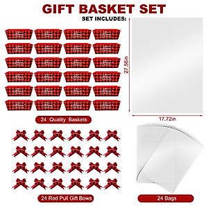 Cholemy 72 Pcs Christmas Gift Baskets Empty to Fill Kit DIY Basket for Gifts Empty Bulk 24 Market Tray Favor with Handles 24 Clear Basket Bags 24 Bows for Xmas Holiday Birthday(Buffalo Plaid)