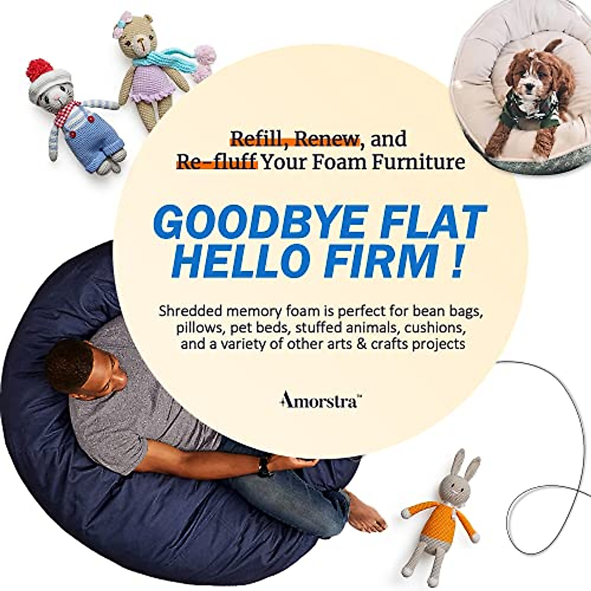 Amorstra Bean Bag Filler Shredded Memory Foam Filling 10 Pounds, Pillow Stuffing Bean Bag Refill Material for Pouf Ottoman Couch Cushion Dog Bed Stuffed Animals and Art Crafts - Blue