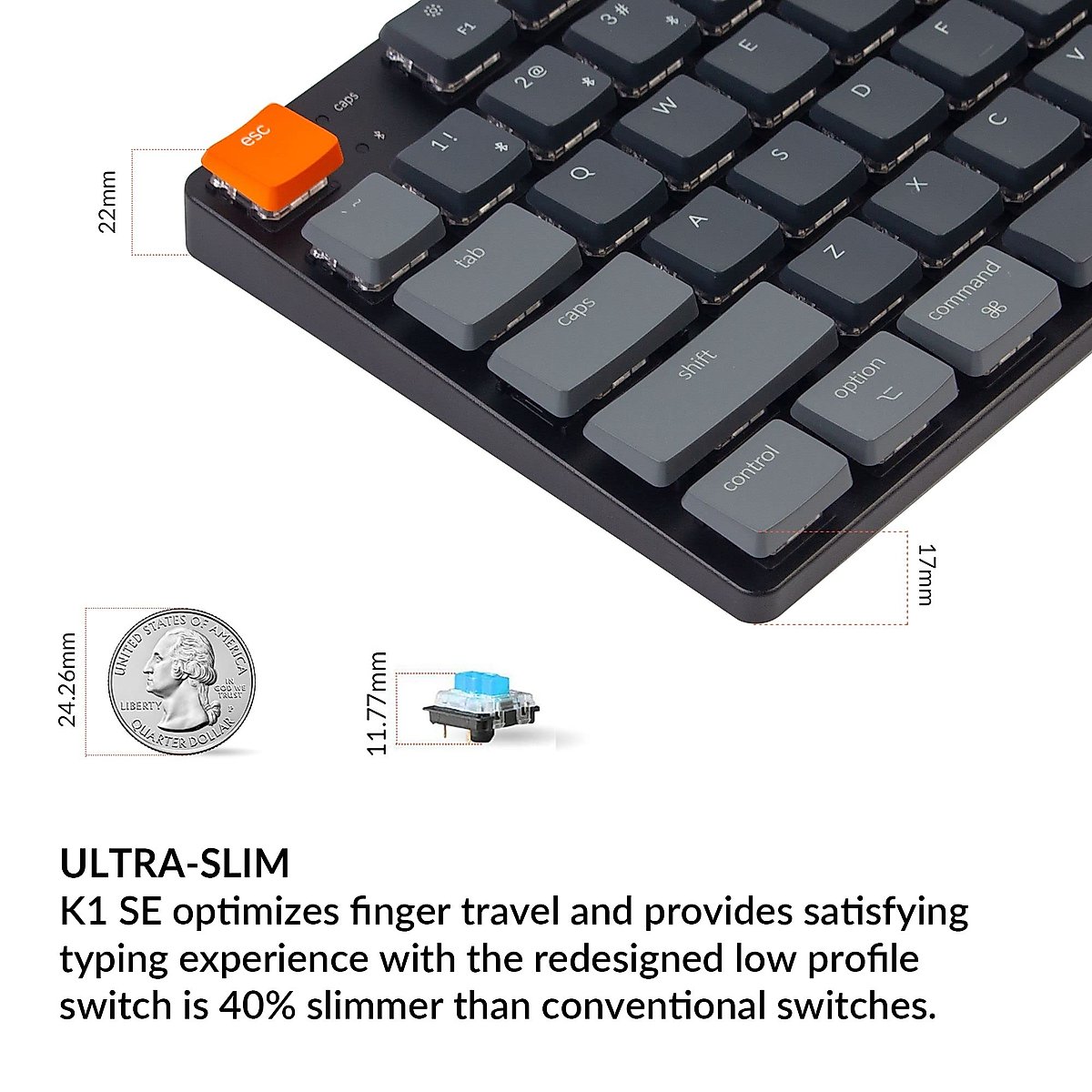 Keychron K1 SE, 87 Keys Ultra-Slim Wireless Bluetooth/USB Wired Mechanical Keyboard with RGB LED Backlit, Hot Swappable Low-Profile Gateron Mechanical Blue Switch Compatible with Mac Windows