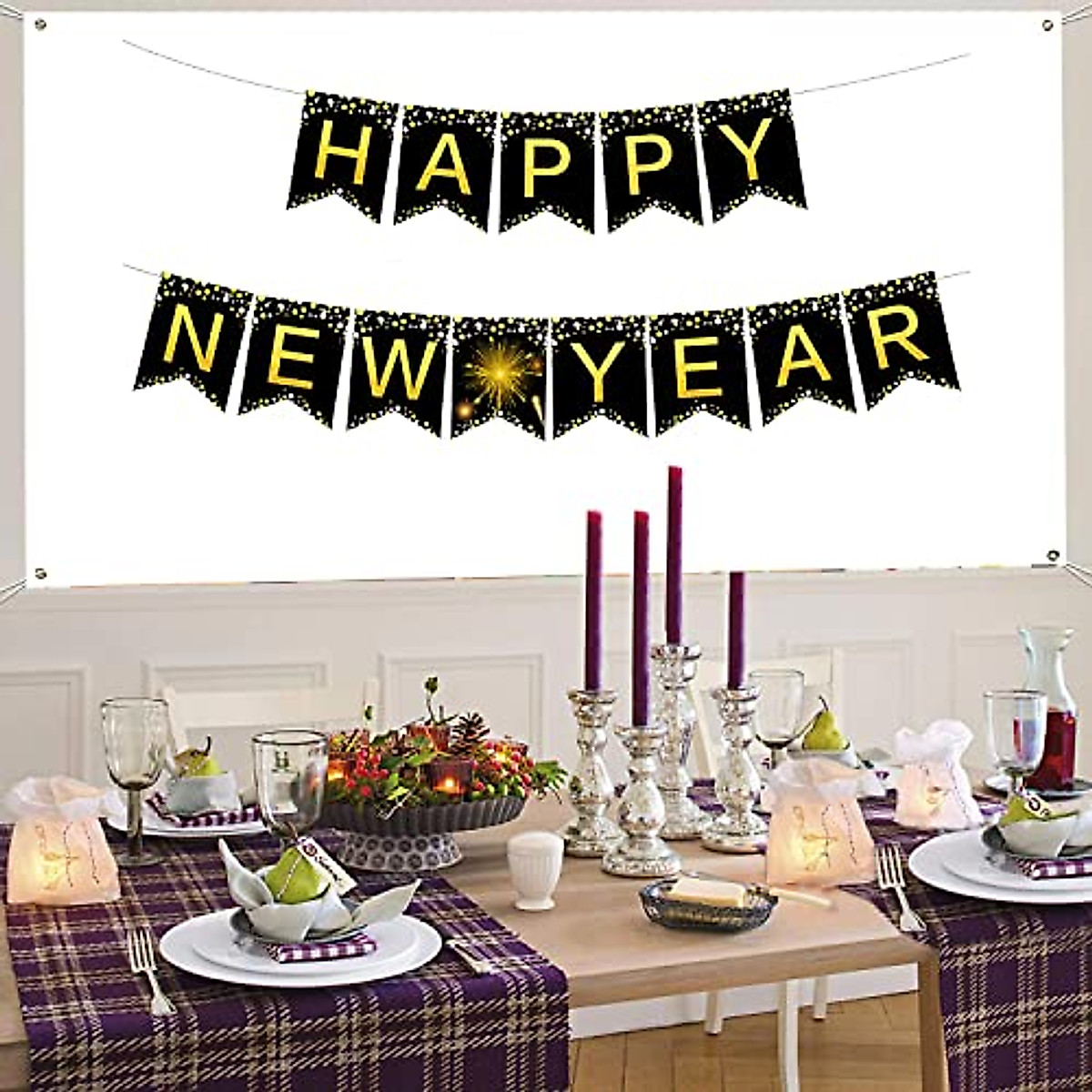 Famoby Black Happy New Year Banner New Year Hanging Bunting for Party Decorations Supplies