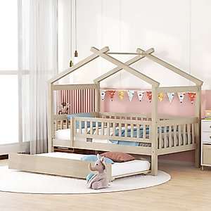 Twin Size House Bed with Trundle, Wooden Playhouse Kids Bed Frame with Roof and Fence, Montessori Style Bed with Guardrails for Kids, Teens, Boys, Girls, Natural.