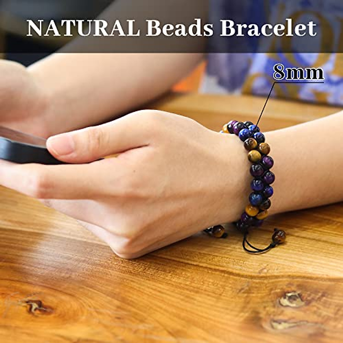 KOPHINYE Blue Tiger Eye Bracelet, Triple Protection Bracelet for Men Women, Handmade Bracelet 8mm Bead, Purple Tiger Eye Bracelet Bring Health, Luck and Prosperity