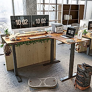 FEZIBO Triple Motor L-Shaped Electric Standing Desk, 63 Inches Height Adjustable Stand up Corner Desk, Sit Stand Workstation with Splice Board, Black Frame/Rustic Brown Top