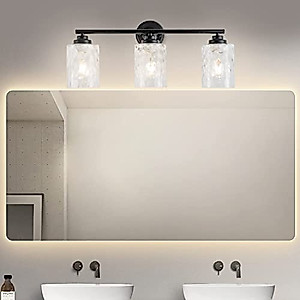 brfaixla Modern Matte Black Bathroom Vanity Lights Fixtures 24 Inch 3-Light Hammered Glass Industrial Sconces Wall Lamp Lighting for Bath Mirror Bedroom Makeup Desk Living Room Kitchen Porch Hotel