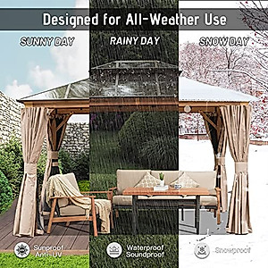 Domi Outdoor Living 10’ X 12’ Hardtop Gazebo Outdoor Aluminum Gazebo with Polycarbonate Double Roof Canopy for Lawn and Garden, with Curtains & Net (Wood Looking)