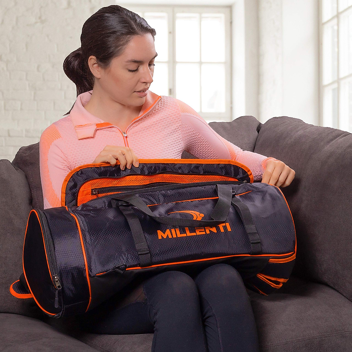 Millenti Sports Duffle Bag for Women Men - Weekender Travel Backpack 40l Gym Bag w/Shoe Compartment - Lacrosse Duffle Bag, Soccer Bag, Basketball, Volleyball, Football, DB-BLK/ORANGE