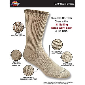 Dickies Men's Dri-Tech Essential Moisture Control Crew Socks, Available in M-XXL (6, 12, Solid Khaki (6 Pairs), Large