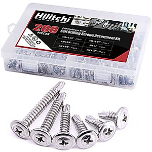 Hilitchi 410 Stainless Steel #10 Wafer Head Phillips Self Drilling Screws Sheet Metal Tek Screws Assortment Kit, Modified Truss Head Self Driller - Size: #10 x 1/2'' - 1-1/2'' - Pack of 200