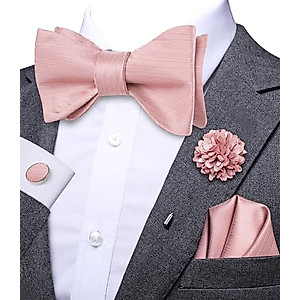 Dubulle Self Tie Bow Ties and Lapel Pin for Men Paisley Solid Mens Bowtie and Handkerchief Cufflinks Set Wedding,Blush Rose Gold