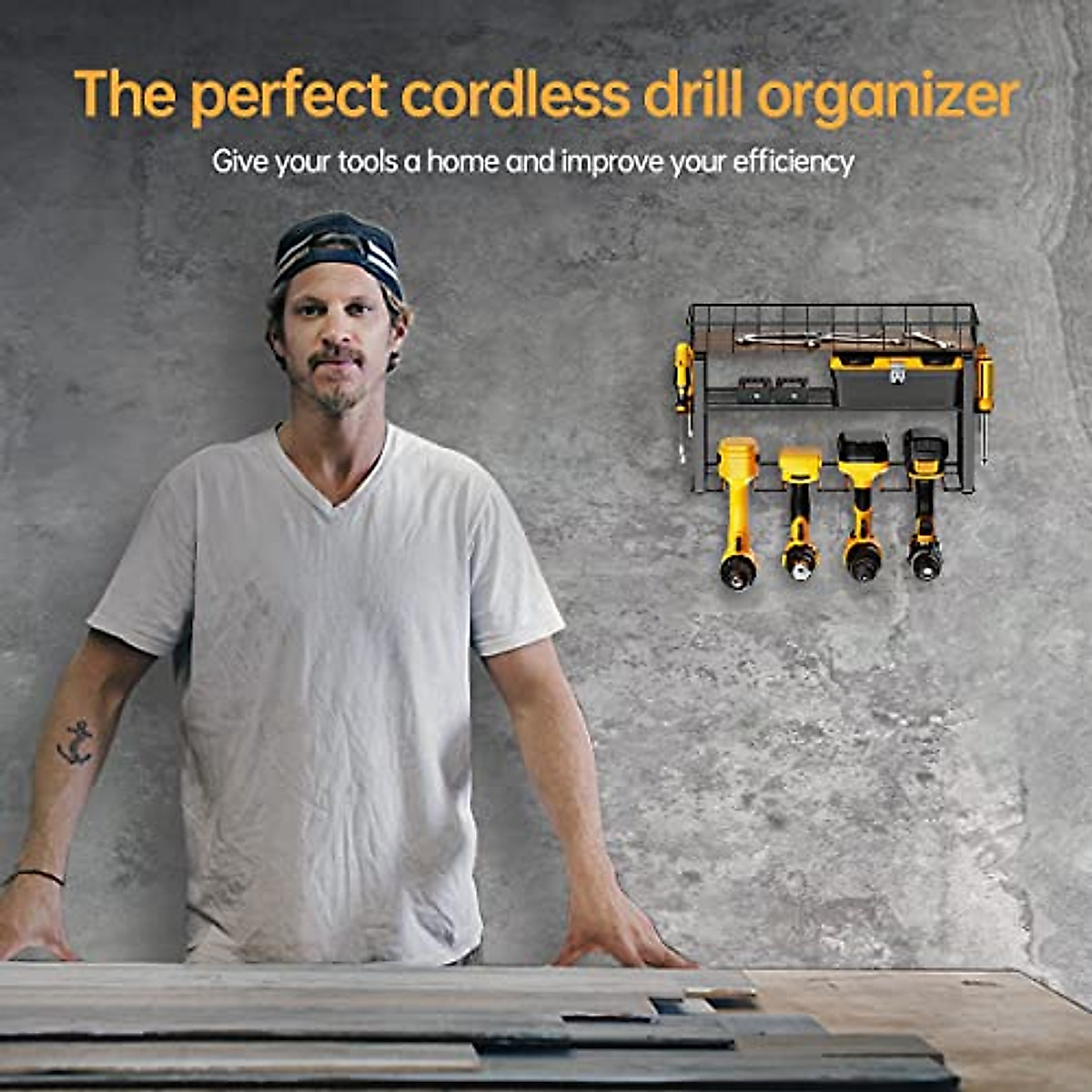 HOYRR Power Tool Organizer, Drill Holder Wall Mount, Garage Tool Organizers With 5 Drill Holders, Heavy Duty Tool Shelf With Basket, Perfect Tool Organizer Gift for Father