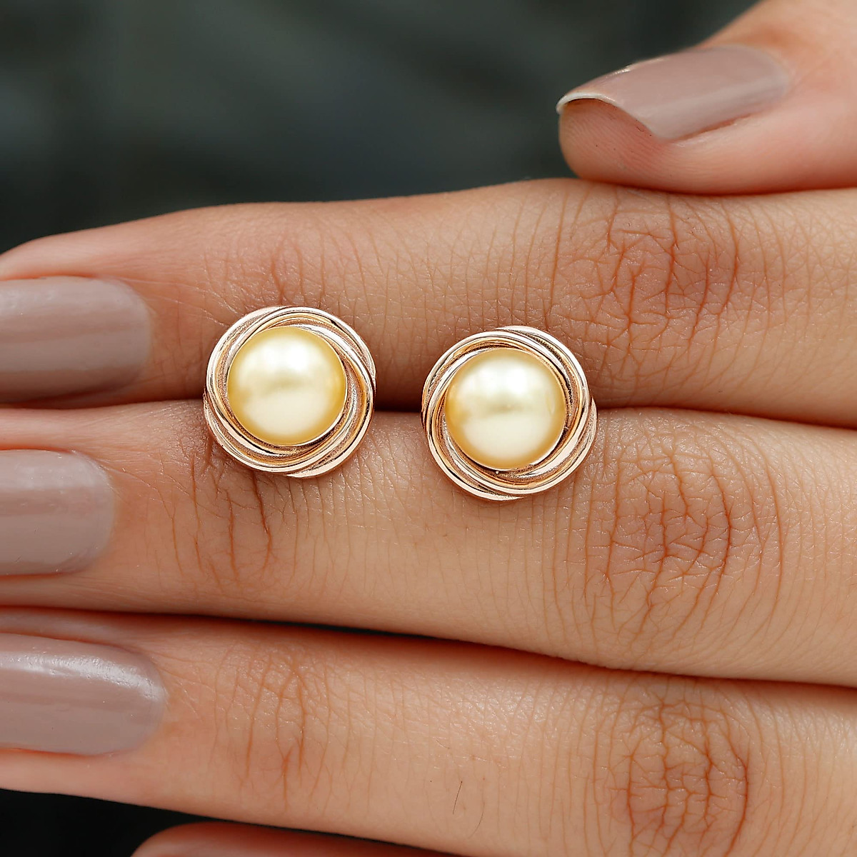 Golden South Sea Pearl Earrings, South Sea Pearl Solitaire Stud Earrings, South Sea Pearl Gold Earrings, Swirl Earrings for Women, 14K Rose Gold