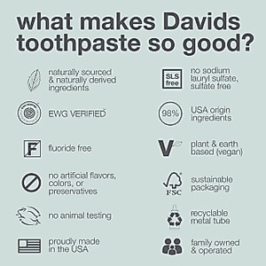 Davids Charcoal Toothpaste for Enhanced Teeth Whitening, Peppermint, Antiplaque, Flouride Free, SLS Free, Enamel Safe, Toothpaste Squeezer Included, Recyclable Metal Tube, 5.25oz