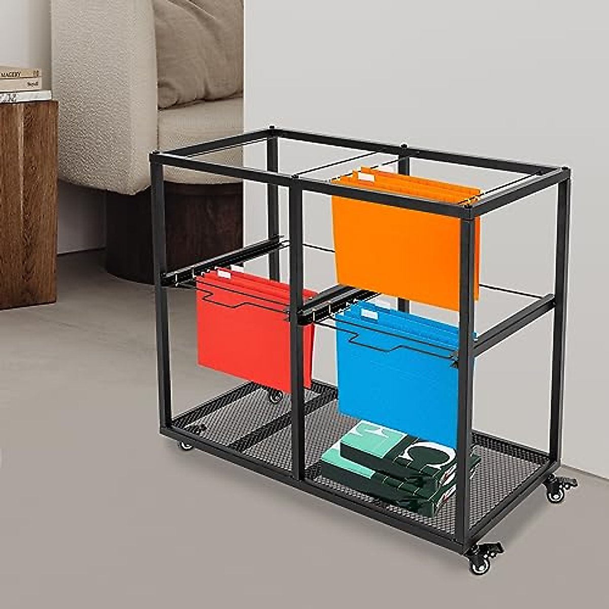 2 Tiers 4 Compartments Rolling File Carts with Wheels, Heavy Duty Rolling Pull-Out File Folder Rack Drawer File Cabinet for Home Office, Hanging Files for Letter Size