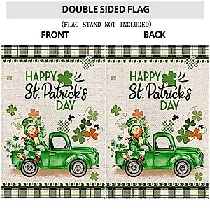 EKOREST Happy St Patrick's Day Garden Flag 12x18 Inch Vertical Double Sided Buffalo Plaid St. Patricks Truck with Leprechaun Shamrock Small Yard Flag for Outdoor Farmhouse Holiday Decoration