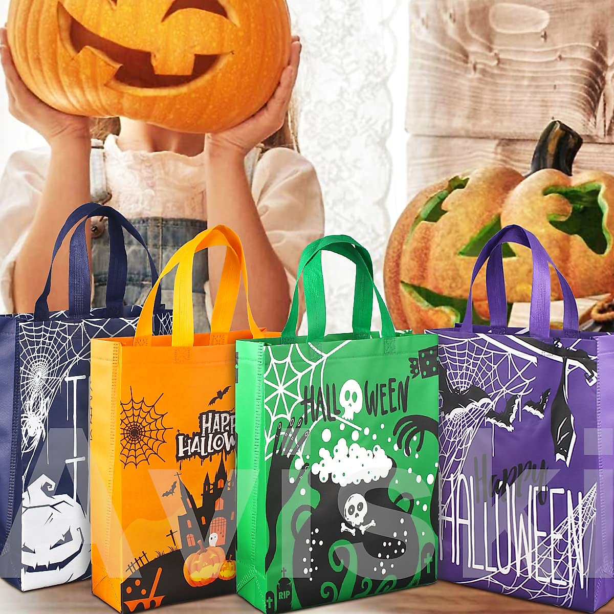 Aviski 6PCS Halloween Trick or Treat Bags, Halloween Tote Bags with Handles, Large Gift Bags, Multifunctional Non-Woven Bags for Gifts Wrapping, Halloween Party Supplies, 15×11.8×3.9“