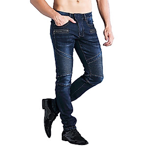 ZLZ Blue Biker Jeans for Men Slim Fit, Men's Comfy Stretch Ripped Distressed Biker Jeans Pants Rock, Designer Jeans, Size 34