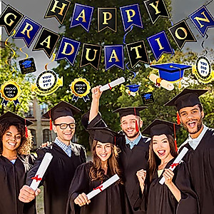 Graduation Party Decorations 2022, Happy Graduation Banner Garland Photo Backdrop Streamer and Blue graduation Cap, Proud of You Hanging Swirls for Ceiling Home Classroom