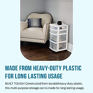 Homz Clear Plastic 4 Drawer Medium Home Organization Storage Container Tower w/2 Large and 2 Small Drawers, and Removeable Caster Wheels, White Frame