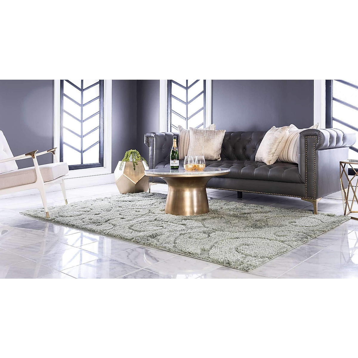 Unique Loom Floral Shag Collection Area Rug-Carved, 4 ft x 6 ft, Green