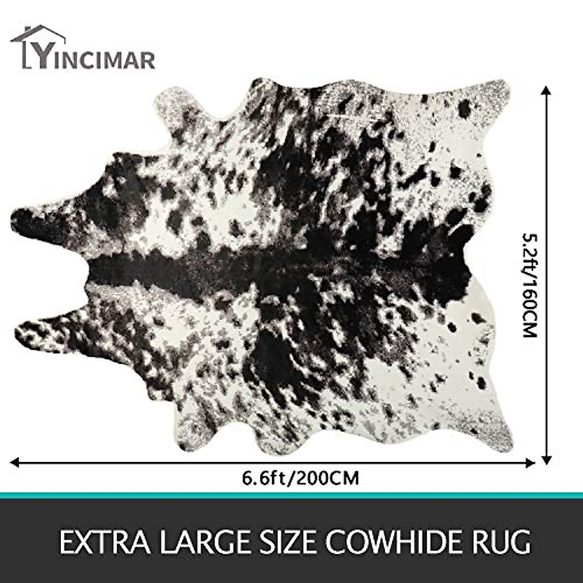 Yincimar Faux Cowhide Rug Extra Large Cow Print Area Rug 5.2ft x 6.6ft Non-Slip Animal Hide Carpet for Bedroom Living Room Western Home Office Decor (Black/Grey/White)