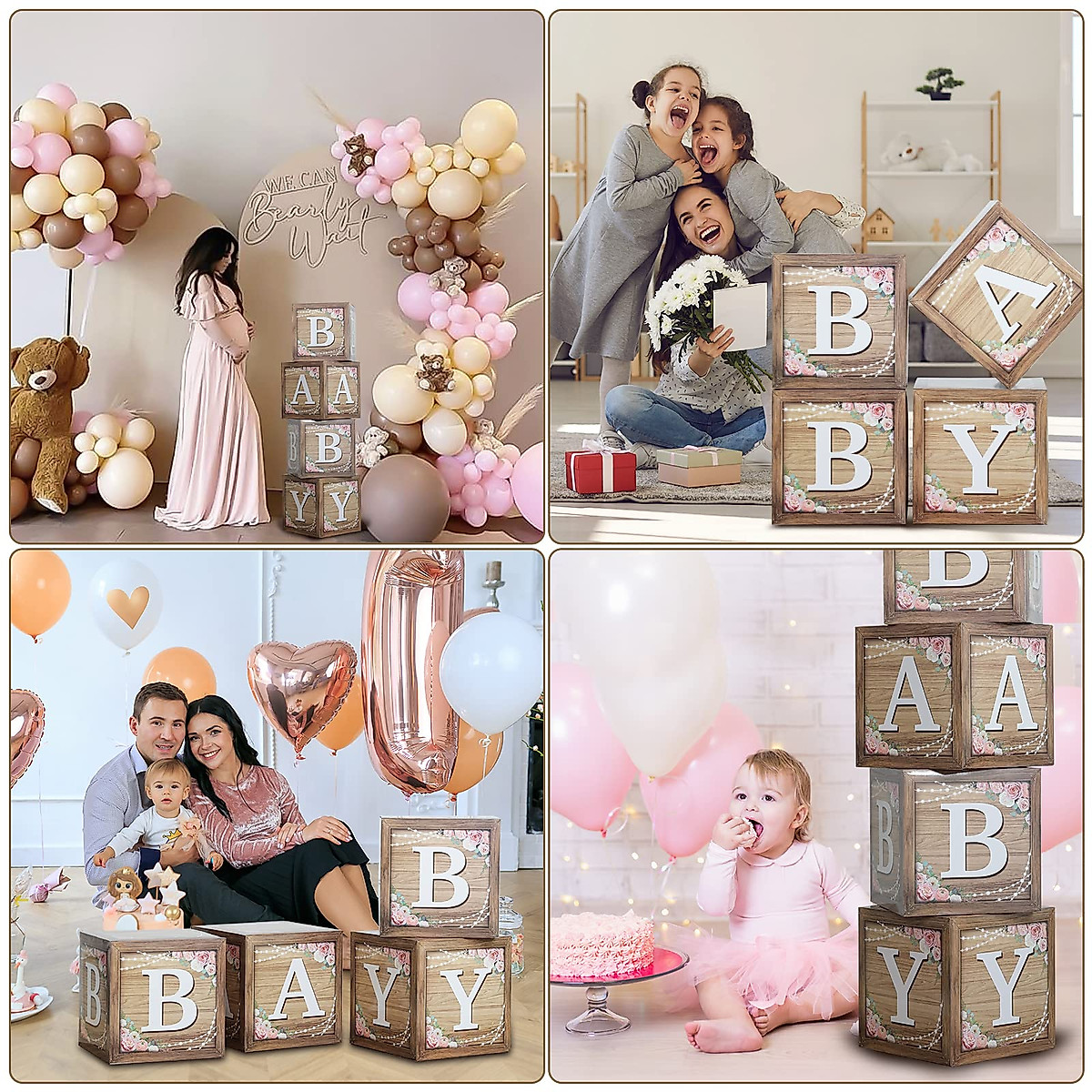RUBFAC Rustic Floral Brown Baby Boxes with Letters for Baby Shower, 4pcs Baby Shower Decorations for Girls Baby Blocks Birthday Party Gender Reveal Photo Props for Girl Boy