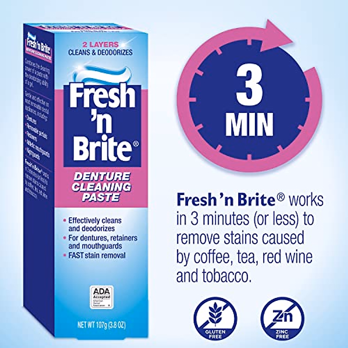Fresh 'n Brite Denture Cleaning Paste For Dentures, Removable Partial Dentures, Retainers, Mouthguards, Nightguards, Fast Stain Removal, pack of 3, 3.8 oz Tubes