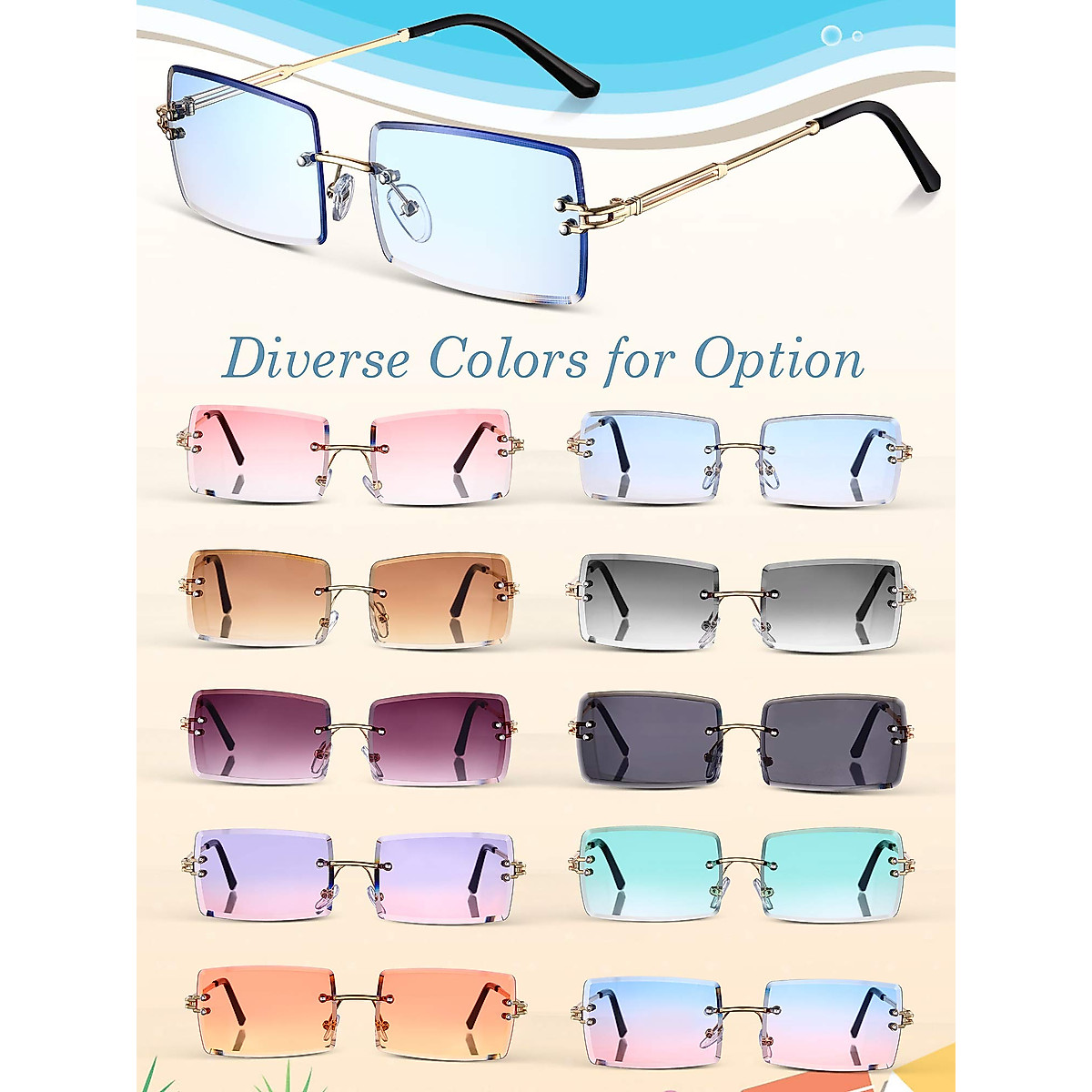10 Pairs Rimless Sunglasses Rectangle 90s Retro Sunglasses Trendy Y2k Sunglasses Frameless Square Glasses Eyewear for Men Women (Romantic Color)