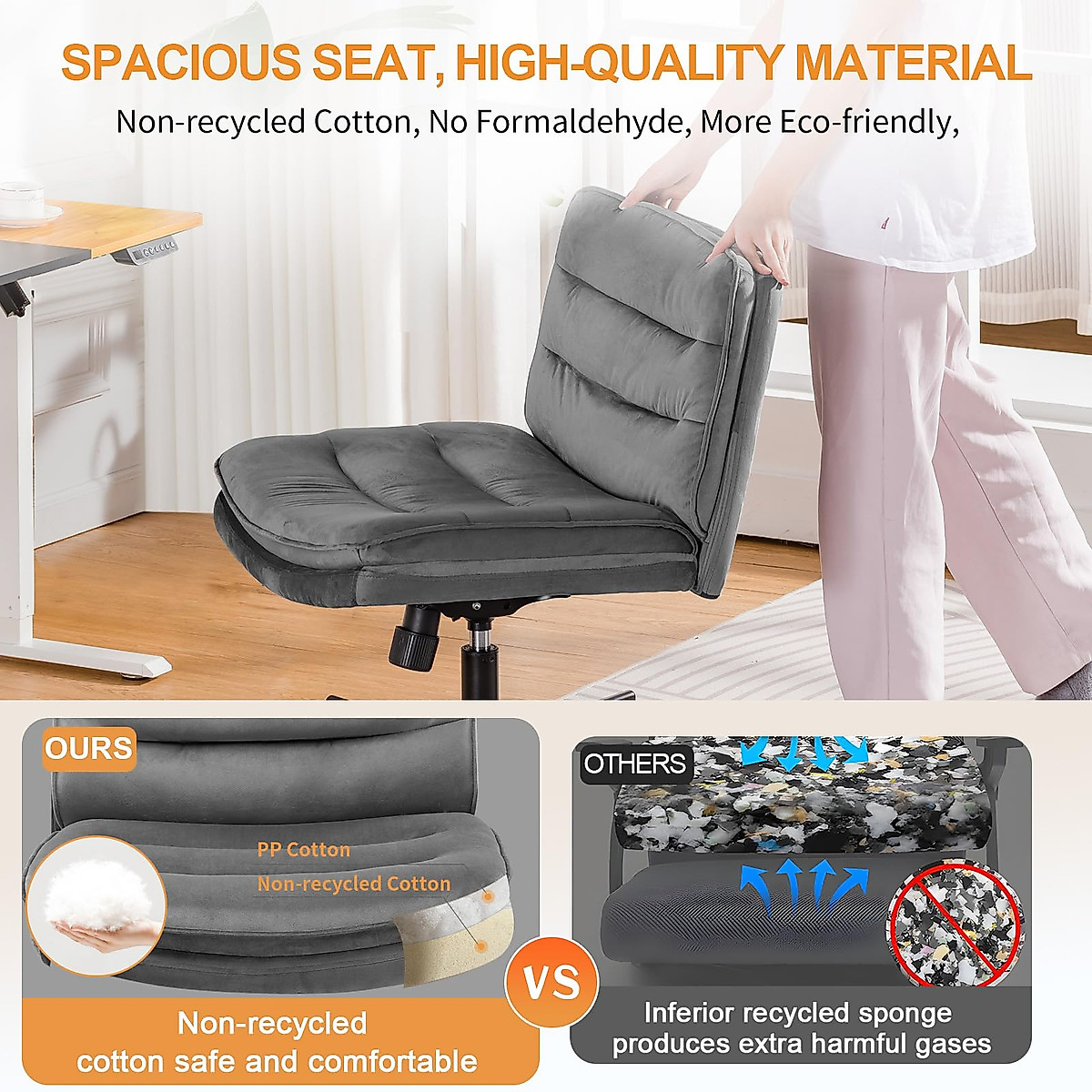 COMHOMA Criss Cross Chair with Wheels, Armless Wide Cross Legged Office Chair Mid Back, Modern Home Office Desk Chair Swivel Adjustable Vanity Computer Chair, Gray Velvet