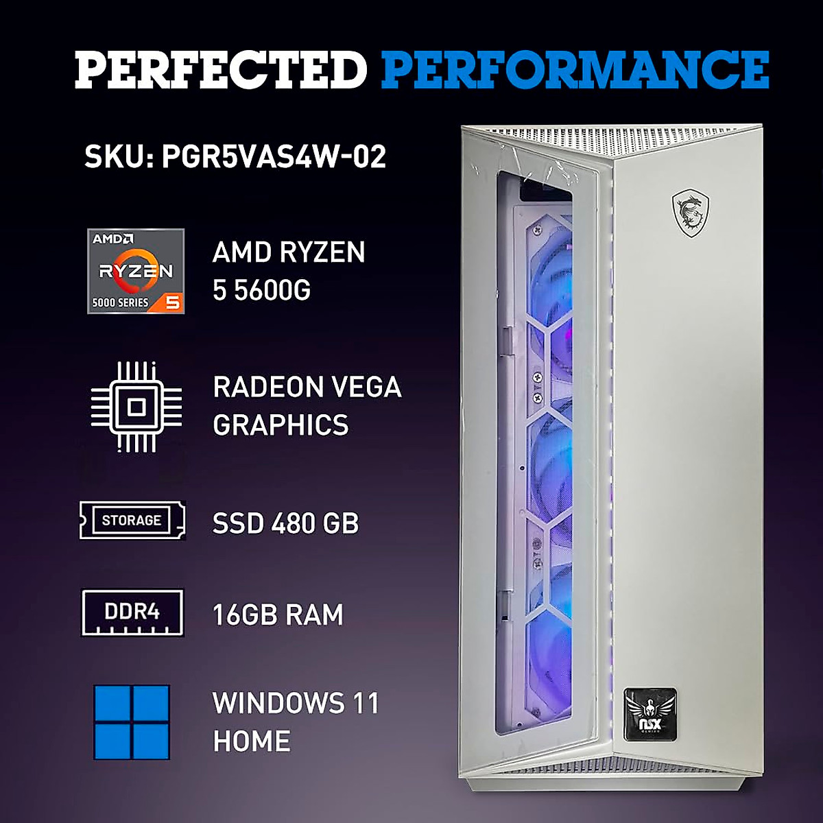 NSX GAMING Phoenix Gamer Desktop PC (AMD Ryzen 5 5600G 3.9 Ghz, 16GB 2 * 8Gb RAM Ddr4 3600, SSD 480 Nvme M.2, Windows 11 Home, WiFi Ready, Mouse and Keyboard Included)