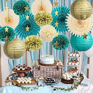 Teal and Gold Party Decorations Teal Blue Paper Lanterns Pom Poms Paper Fans Cream Teal Party Decorations with Gold Star Garland for Teal Gold Birthday Baby Shower Wedding Engagement Graduation Party