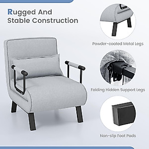 POWERSTONE Convertible Sleeper Chair Bed, 4 in 1 Living Room Reading Chair with Pillow, Arm and Adjustable 5 Position Backrest Single Sofa Bed, Light Grey