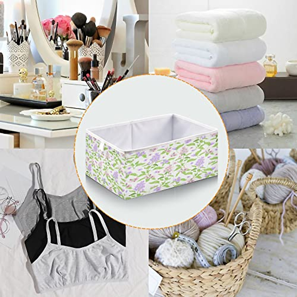 Kigai Purple Pink Flowers Rectangular Storage Bins - 15.8 x 10.6 x 7 in Large Foldable Rectangular Organizer Storage Basket for Home Office, Nursery, Shelf, Closet