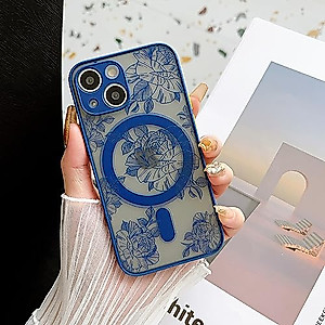 Skyseaco for iPhone 13 Mini Case Compatible with MagSafe for Black Frosted PC Back Protector Flower Shockproof Purple Floral Blooms Design Protective Women Girls Phone Case - Flower Blooms/Dark Blue