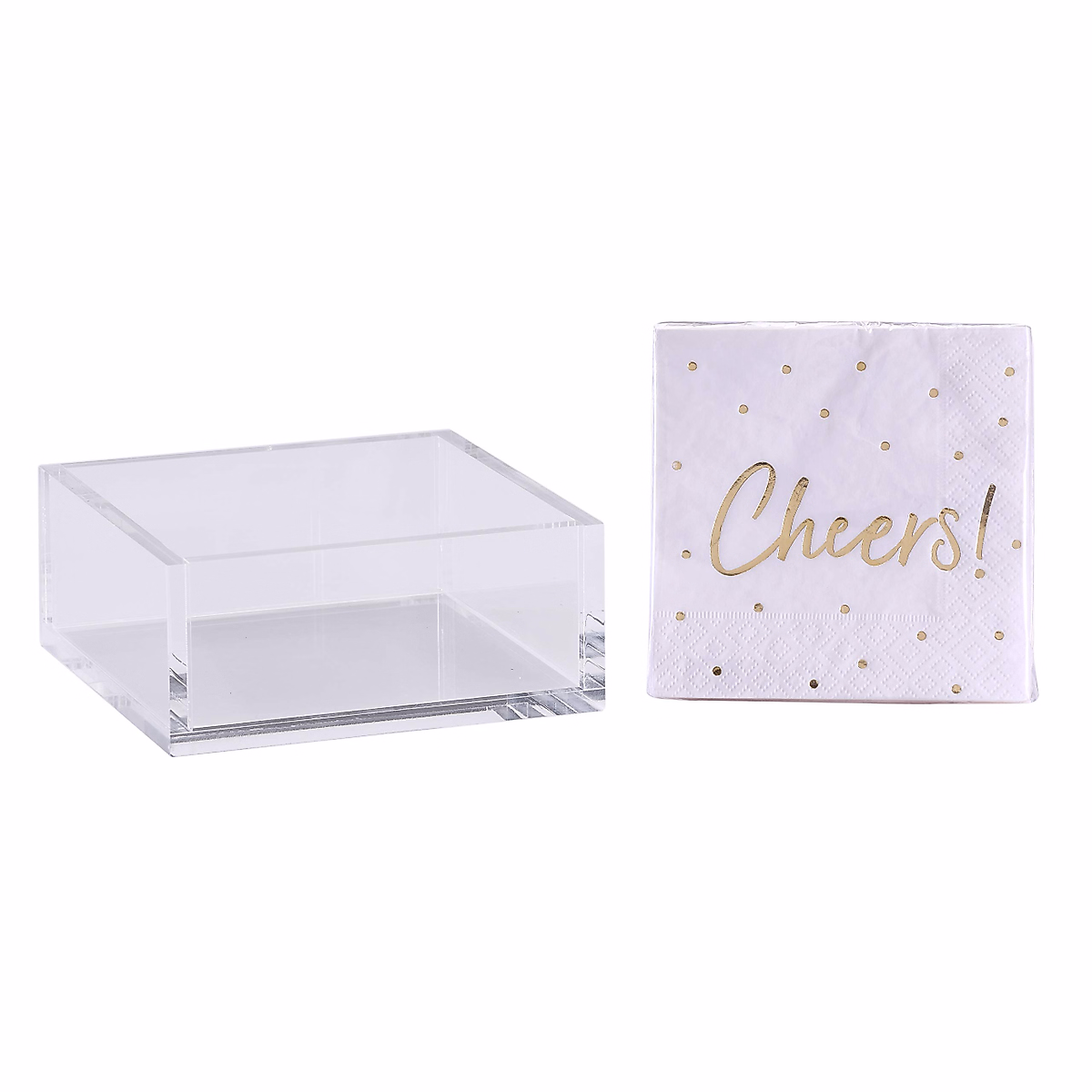 Premium Acrylic Cocktail Napkin Holder - Elegant Napkin Holder with Bonus 20 Gold Embossed 'Cheers' Napkins Included- 5x5 Inches Heavy Duty Acrylic Cocktail Napkin Holder for Parties and Events