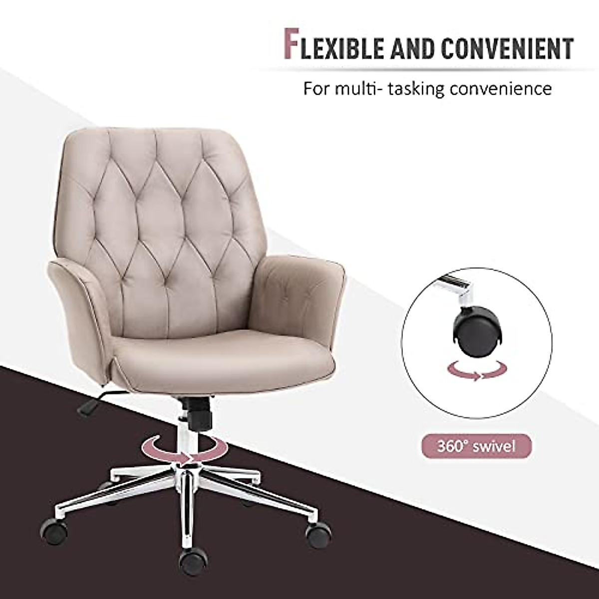 Vinsetto Modern Mid-Back Tufted Microfiber Home Office Desk Chair with Adjustable Height, Swivel Adjustable Task Chair with Padded Armrests, Light Grey