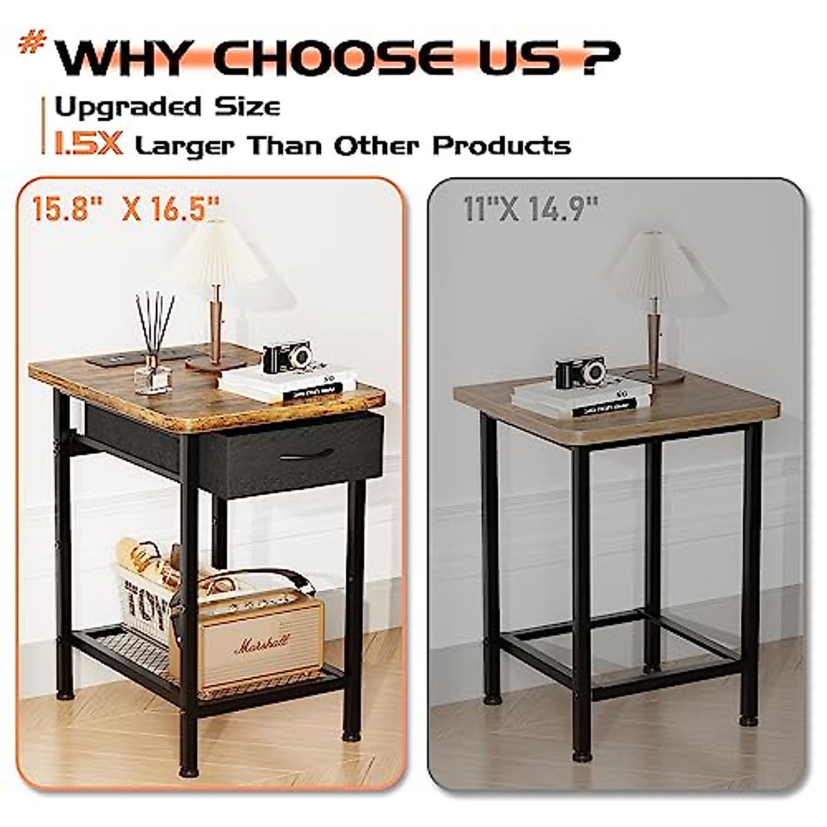 GYIIYUO Nightstands Set of 2 with Charging Station and Fabric Storage Drawer,16.5" x 15.8" Side Table with Storage for Bedroom, Bedside Tables with Steel Fram, Rustic Brown and Black