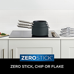 Ninja ZEROSTICK Stackable Cookware 3-Piece Pan Set, Non-Stick, 3 Saucepans, 16cm, 18cm and 20cm with Oven-Safe Glass Lids, Long Lasting Hard Anodised Aluminium, Grey, C53000UK