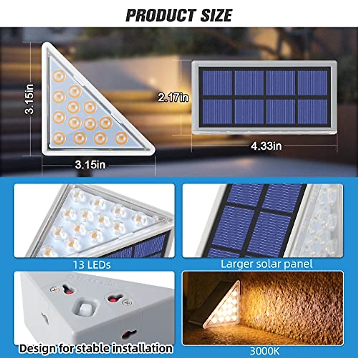 NIORSUN Solar Outdoor Step Lights Warm White Triangle IP67 Waterproof Auto on Off Decoration Deck Lights for Patio Yard, Driveway, Porch, Front Door, Sidewalk, 6 Pack