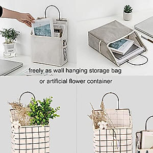 N BoXingYuan Wall Hanging Storage Bag Linen Cotton Organizer Wall Door Closet Bag Organizer with Adhesive Hook for Bedroom Bathroom Living Room (Plant+GreyGrid)