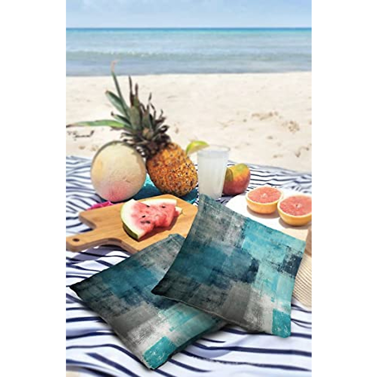Turquoise Outdoor Throw Pillow Cover Waterproof Modern Art Abstract Painting Lumbar Pillowcases Set of 2 Teal Gray Decorative Patio Furniture Pillows for Couch Garden 18 x 18 Inches