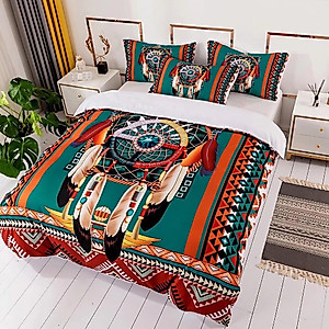Purefair Colorful Dream Catcher Duvet Cover Set Queen, Boho Bohemian Style 3D Feathers Diamond Bedding Mandala Native American Ethnic Tribal 3PCS Soft Lightweight Quilt Cover Set(No Comforter)