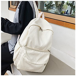 MININAI Preppy Corduroy Backpack Aesthetic Backpack 15.6 inch Laptop College Backpack Cute Book Bag Travel Rucksack Daypack (One Size,White)