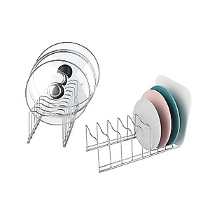 2 Pack HS Ideas Pot Lid Organizer, Kitchen Plate Rack Holder Rest,Pan and Pot Lid Holder for Cutting Boards, Bakeware, Cooling Rack, Serving Trays,Pantry and Cabinet Holder - Silver Finish…