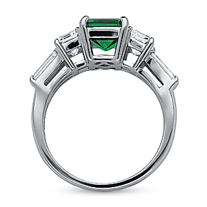 BERRICLE Sterling Silver 3-Stone Wedding Engagement Rings Simulated Emerald Cubic Zirconia CZ Cocktail Anniversary Ring for Women, Rhodium Plated Size 5