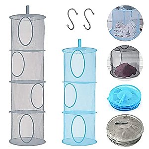 JIELUO 2pcs Hanging Mesh Storage Organizer Bag Foldable Space Saving Organizer with 2pcs S Hooks for Room Bathroom Wall Balcony Wardrobe(Grey，Blue)