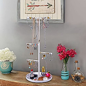 Keebofly Jewelry Tree Stand Organizer - Metal Necklace Organizer Display with Adjustable Height for Necklaces Bracelet Earrings and Ring White