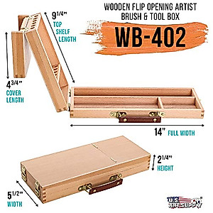 US Art Supply Wooden Flip Opening Artist Brush & Tool Box