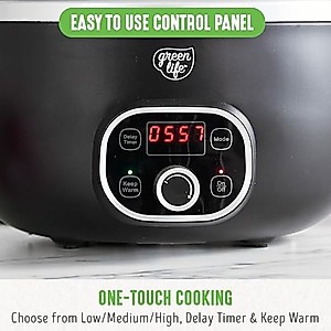GreenLife 6 Quart Ceramic Slow Cooker, PFAS-Free, Programmable, Removable Healthy Nonstick Pot for large families, Sear on Stovetop, Keep Warm, Digital Timer, Dishwasher Safe Glass Lid & Crock, Black