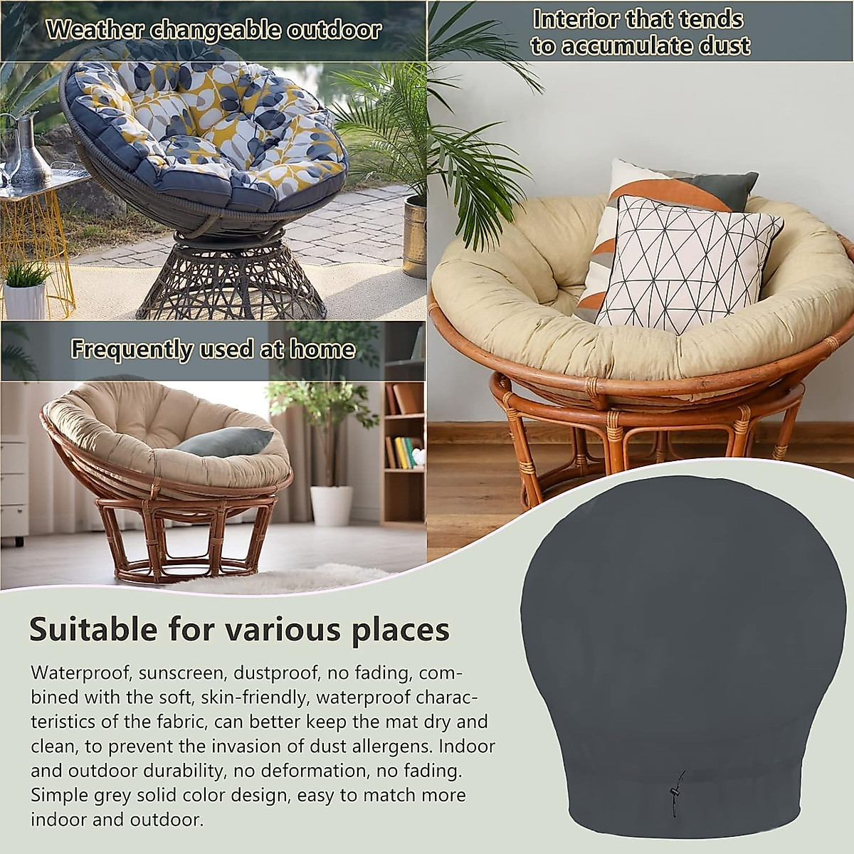 TORUTA Papasan Chair Covers 52" 420D durable waterproof material Patio Outdoor Furniture Wicker Saucer Rocking Swivel Chair Slip Covers Protection-Grey
