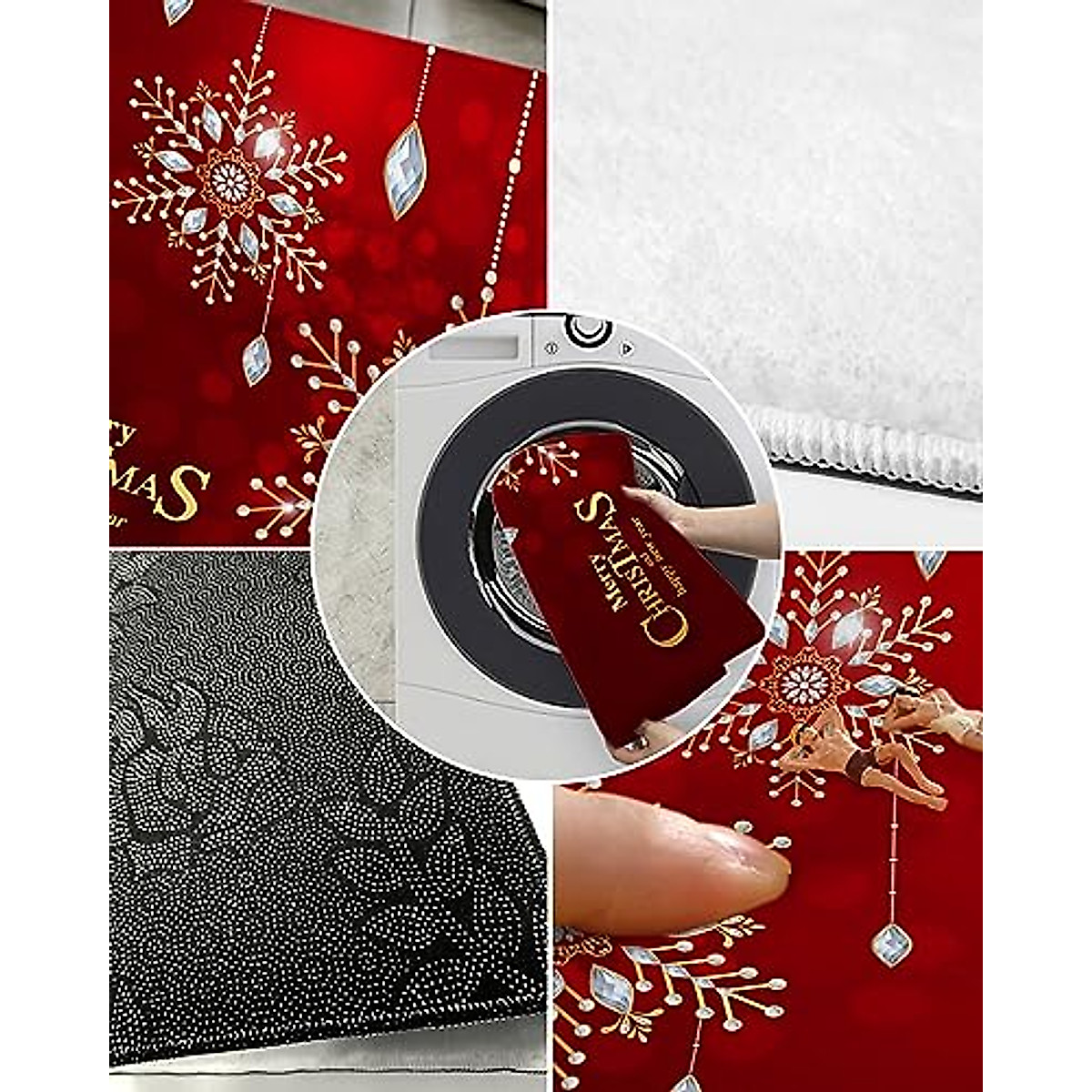 Indoor Doormat Merry Christmas Snowflake Glow Diamonds,Shaggy Floor Mat with Non-Skid Backing Dots Shadow Red Back,Machine Washable Plush Area Rug Carpets for Kitchen Nursery Bedroom